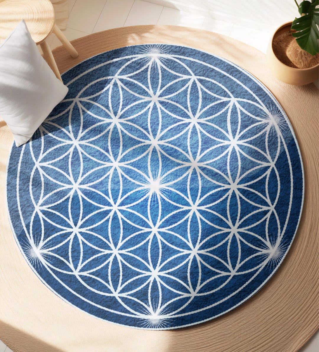 Flower of Life Mandala Rug: Blue Geometric Meditation Decor - Etsy