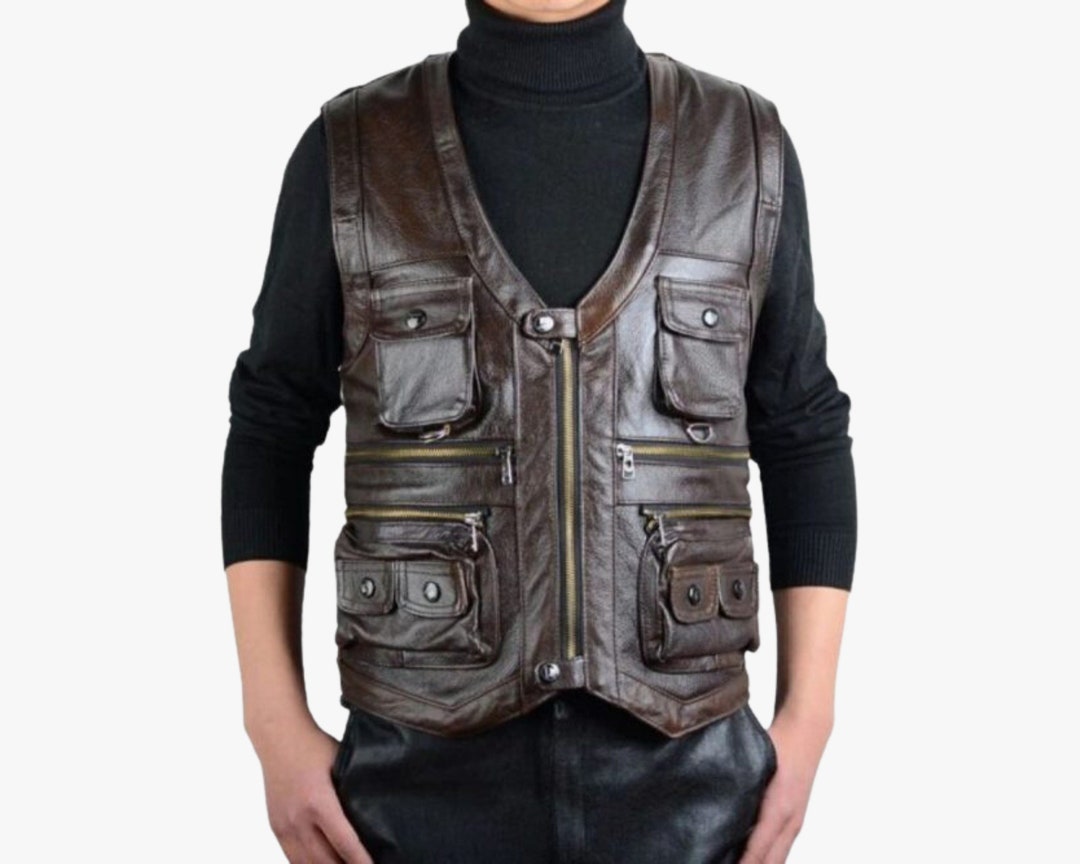 Handmade Mens Brown Leather Vest, Genuine Leather Jurassic World ...