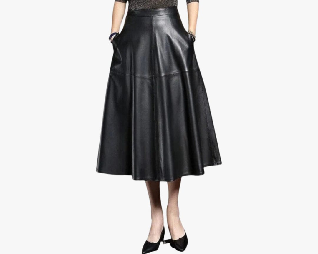 Faux Leather Flare Skirt, A-line Leather Skirt, High Waist Leather Skirt for Party Wear, Stylish ...