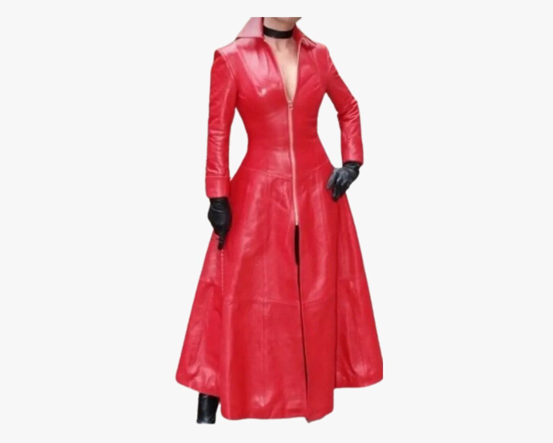 Genuine Leather Red Long Coat for Women, Classic A-line Leather Trench ...