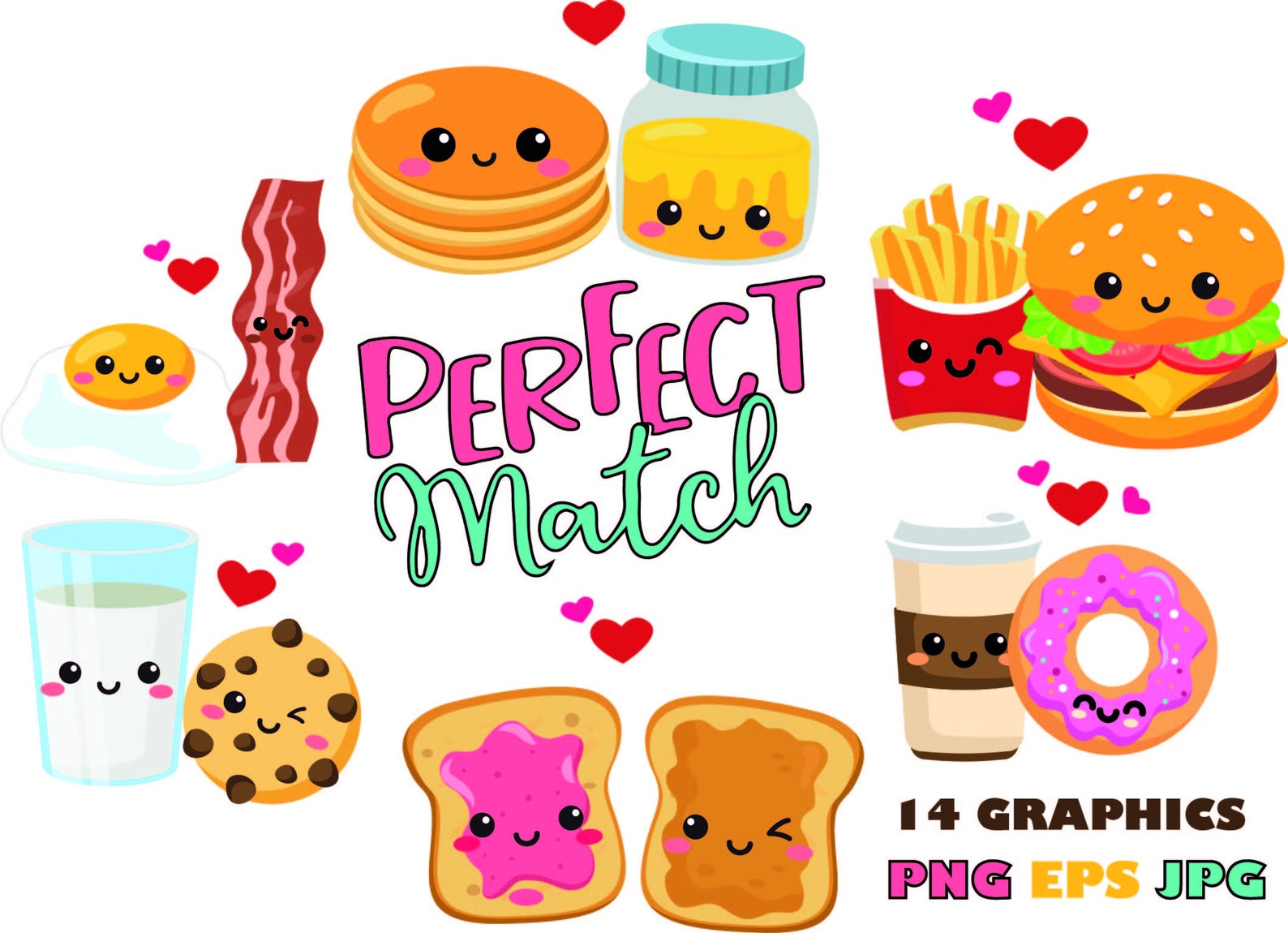 Perfect Match Kawaii Clipart Set - Perfect Match Bundle Cute Food ...