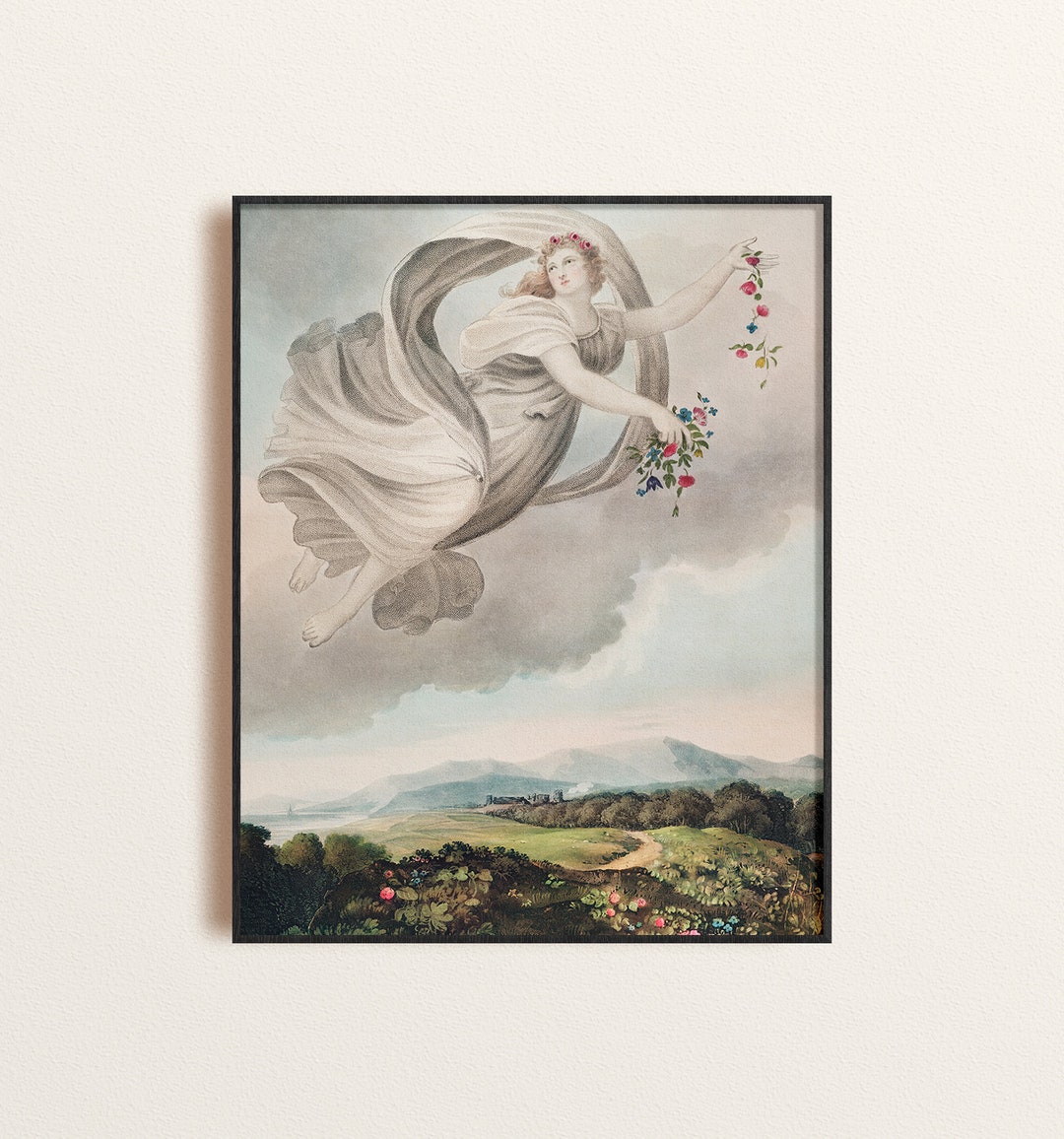 Angelcore Room Decor, Angel and Flowers Art Print, Antique Angel in a ...