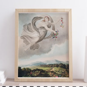 Angelcore Room Decor, Angel and Flowers Art Print, Antique Angel in a ...