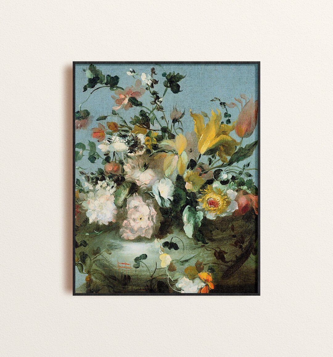 Rococo Style Pastel Florals Still Life Art Print, Flowers in Vase Oil ...