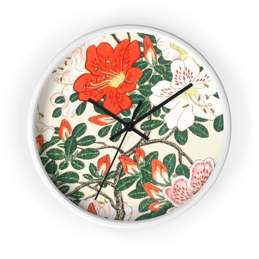 Azalea Flowers Clock, Vintage Japanese Floral Art Print Wall Clock, Asian Floral Art Clock ...
