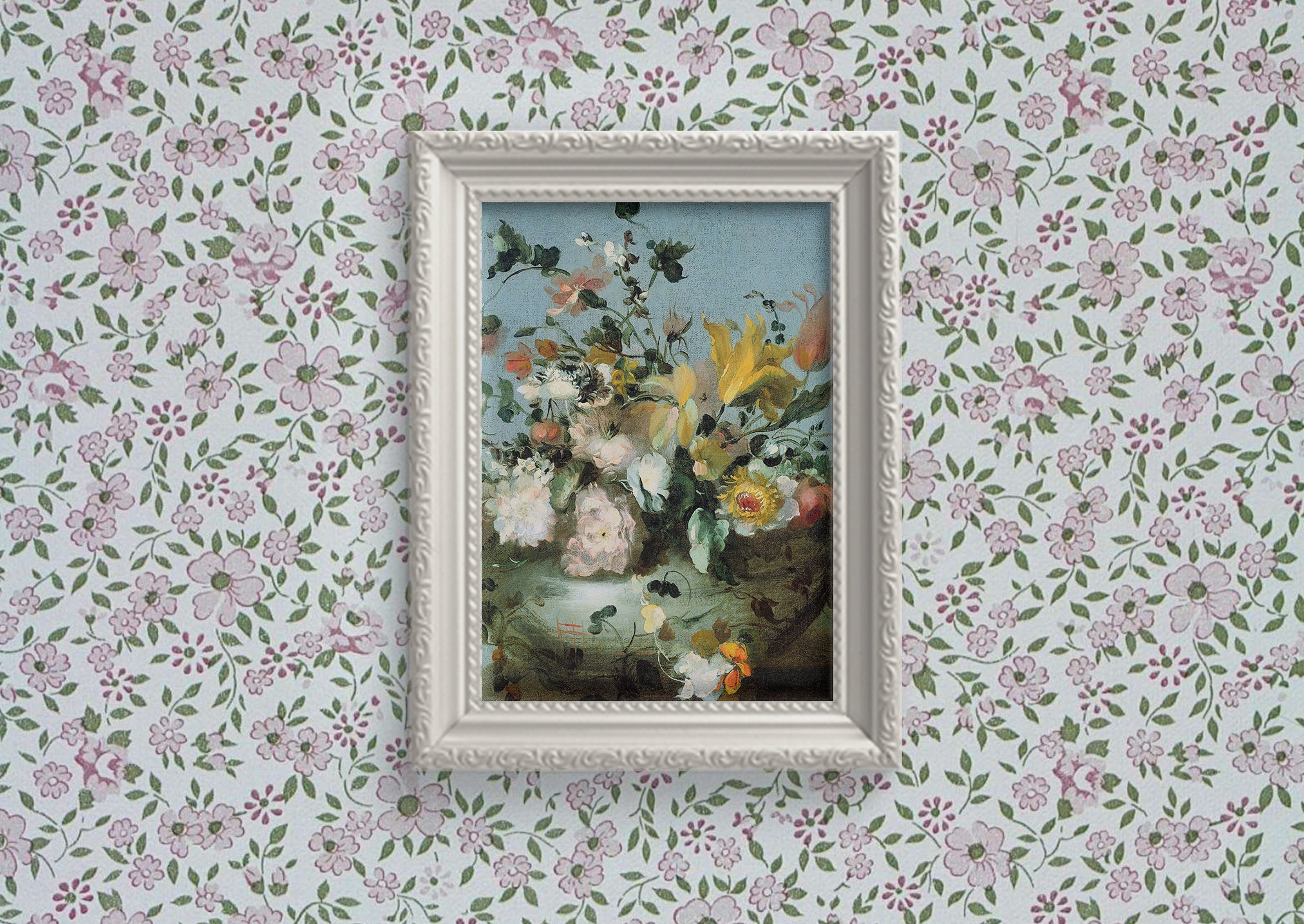 Rococo Style Pastel Florals Still Life Art Print, Flowers in Vase Oil ...