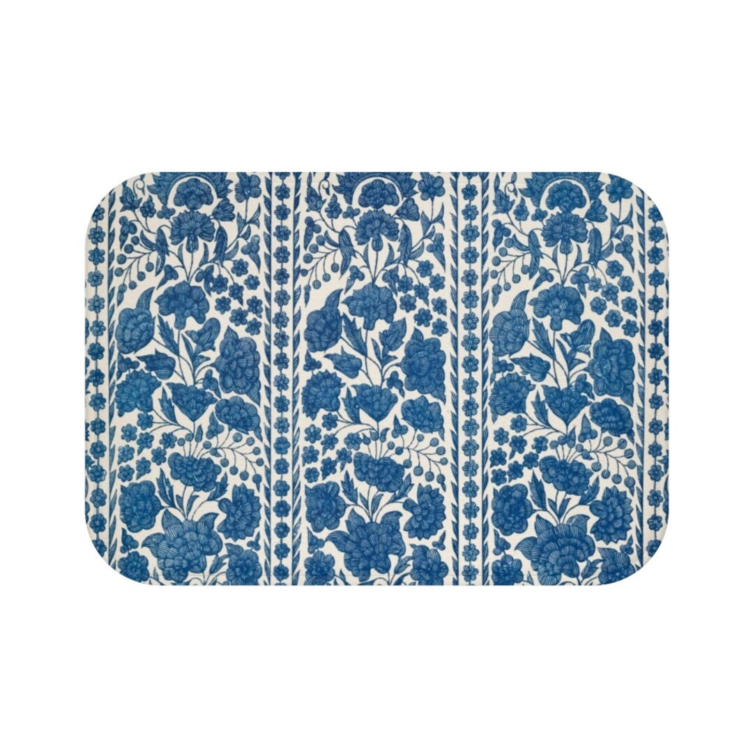 Blue and White Floral Print Bath Mat, Antique Floral Print Bathroom ...