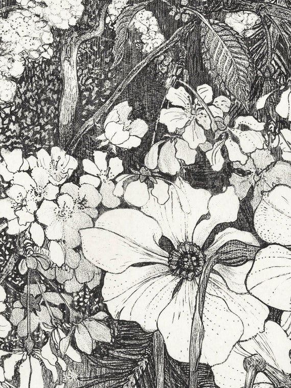 Black and White Floral Art Print Vintage Art Nouveau Flower Illustration Moody Floral Print Graphic Flower Art Dark Academia Decor Etsy