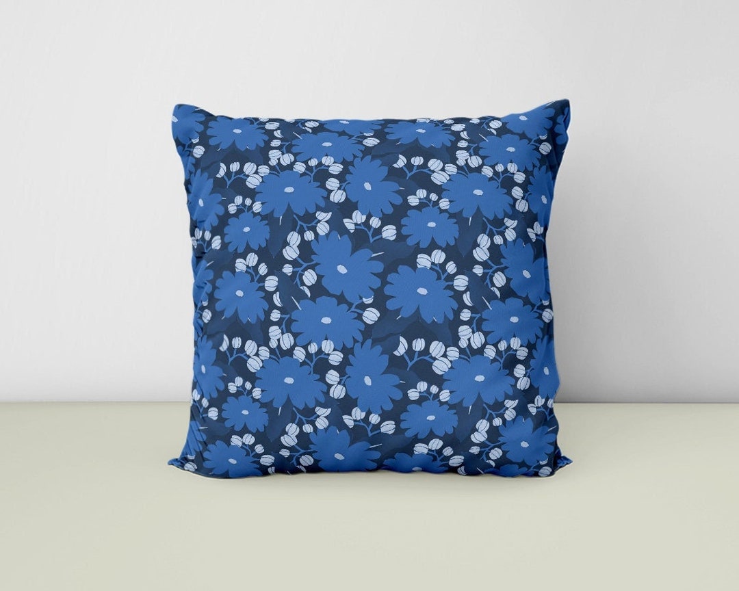 Blue Floral Cutouts Print Throw Pillow, Dark Blue Florals Accent Pillow ...
