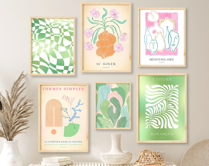 Green and Pink Boho Wall Art Set of 6 Prints. Sage Green Boho Wall Art ...