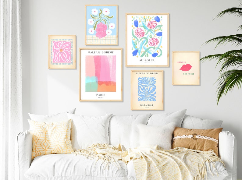 Colorful Gallery Wall Set of 6 Pink Blue Flower Prints. Eclectic ...