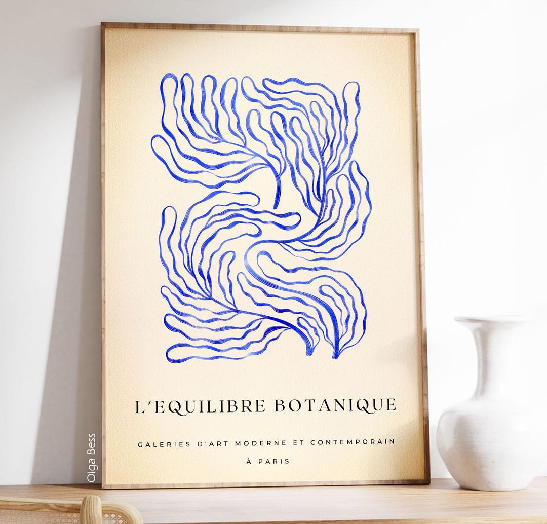 Blue Fine Line Art. Blue Abstract Flowers Art. Blue Bedroom Wall Print ...