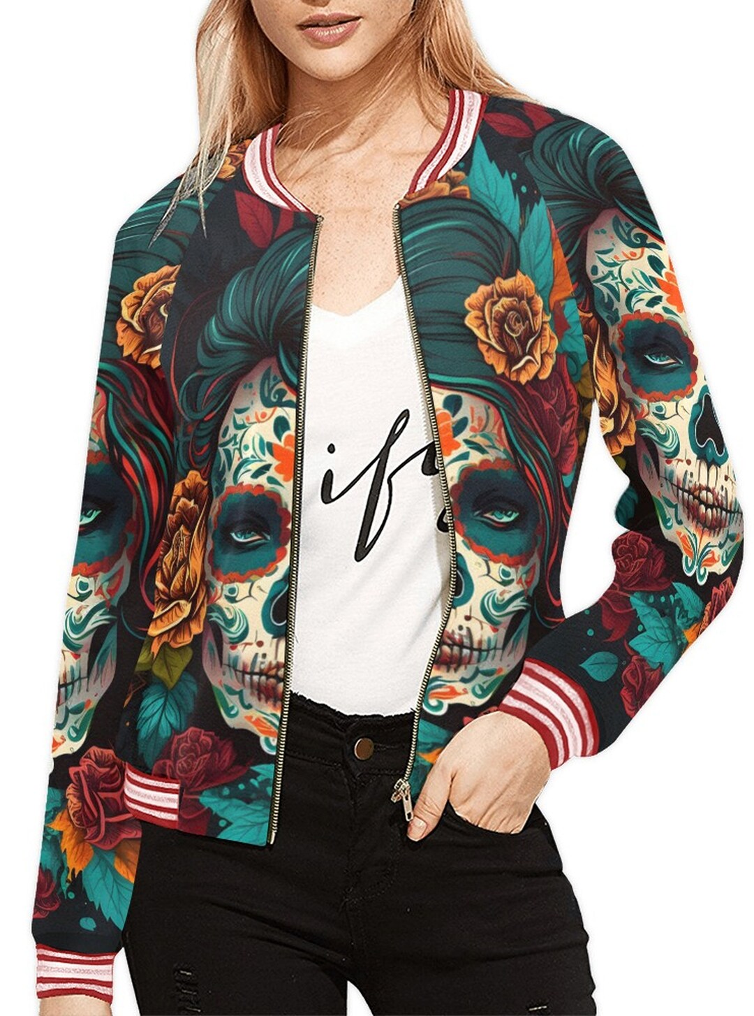Women's Bomber Jacket La Catrina Chicano Cholo Girls Printed All Over ...