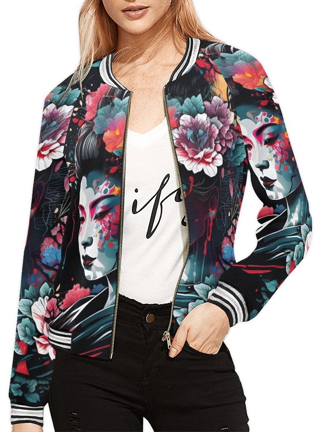 Women's Bomber Jacket Geisha Japan Black Collar Printed All Over XXL XL ...