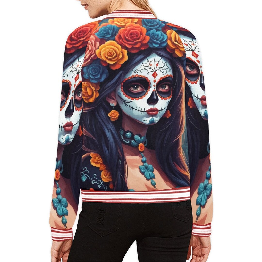 Women's Bomber Día De Los Muertos Designer Art Red Edging Chicano ...