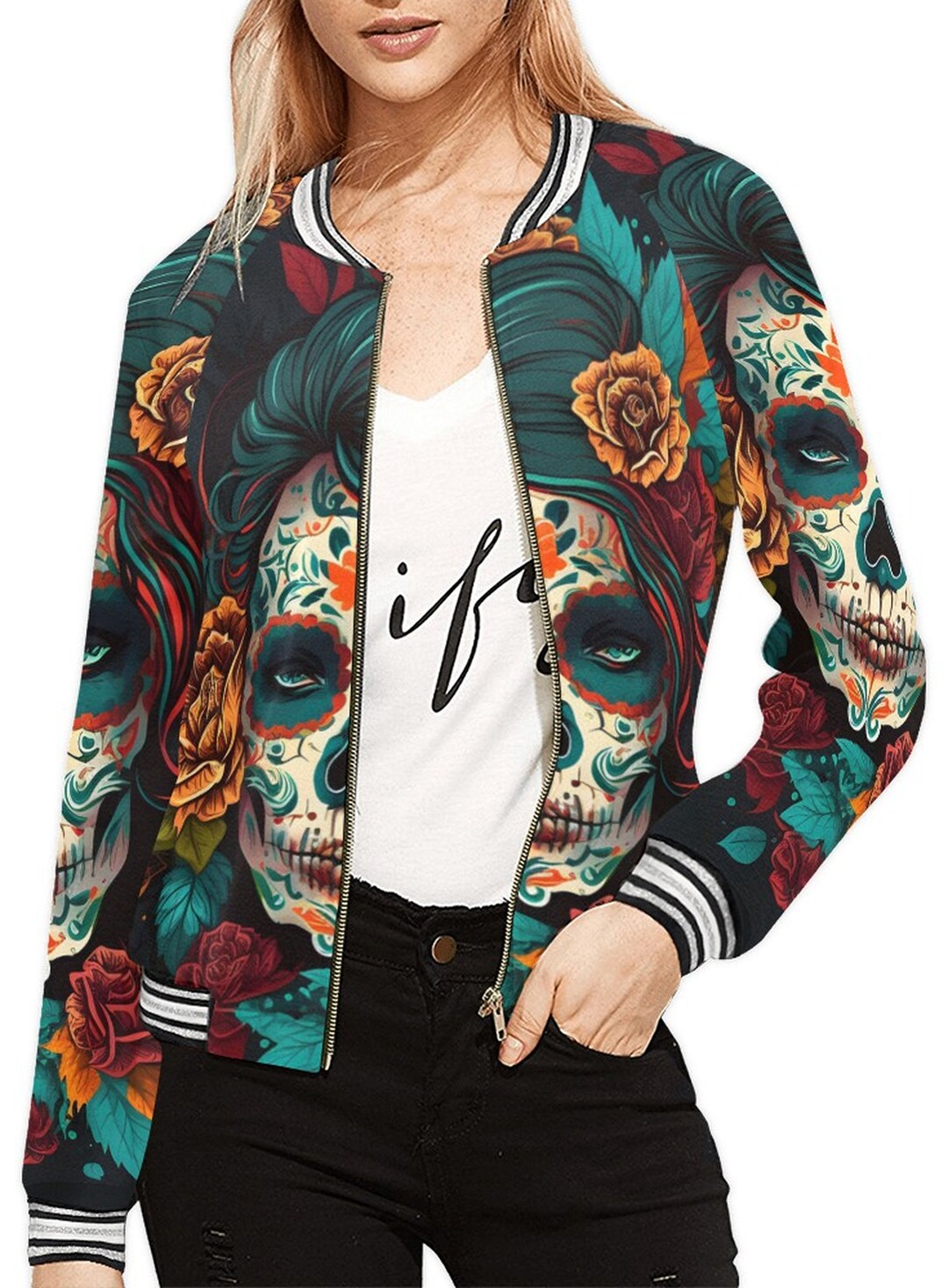 Women's Bomber Jacket La Catrina Chicano Cholo Girls Printed All Over ...