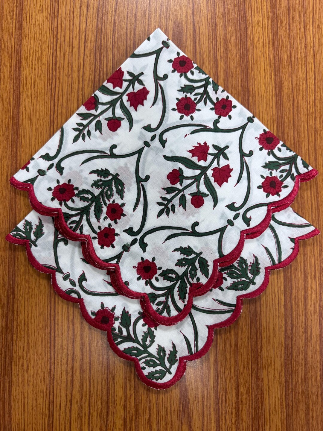 Ruby Red and Emerald Green Napkins Embroidery Scallops, Indian Floral ...