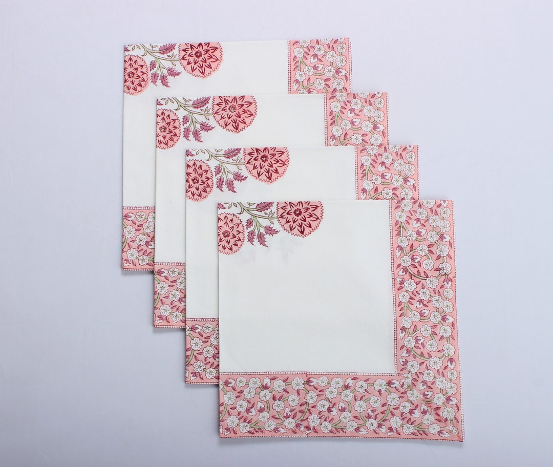 Border Napkins Salmon Pink Indian Floral Hand Block Printed - Etsy
