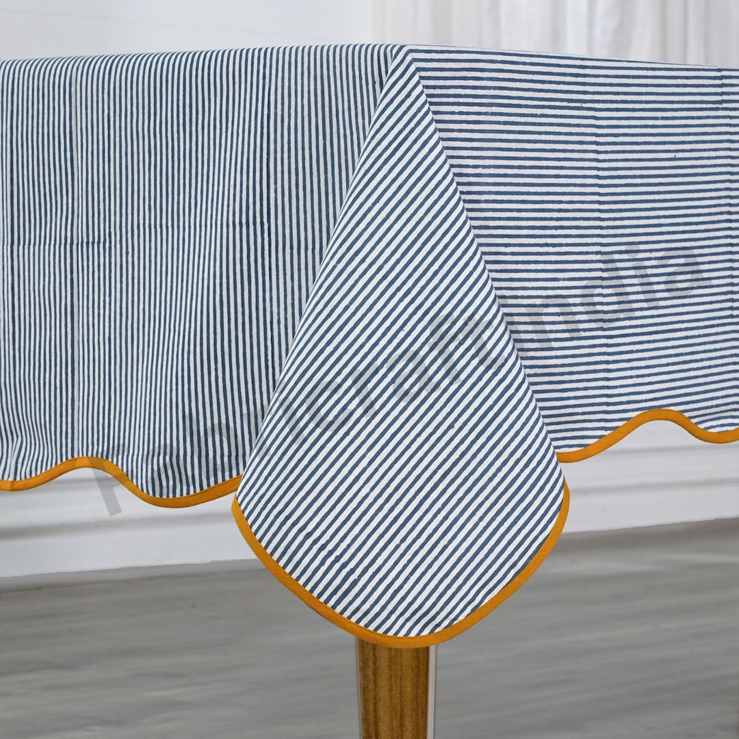 Blue Stripes With Yellow Scallop Piping Tablecloth, Indian Hand-block ...