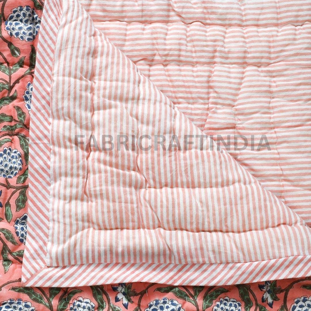 Dark Salmon Pink Comforter Quilt Hand Block Printed Pure Cotton Cloth ...