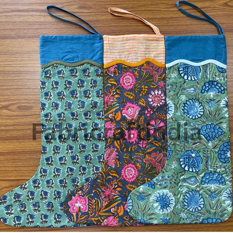 Mix Christmas Stockings, Hand Block Printed Cotton Floral Christmas ...