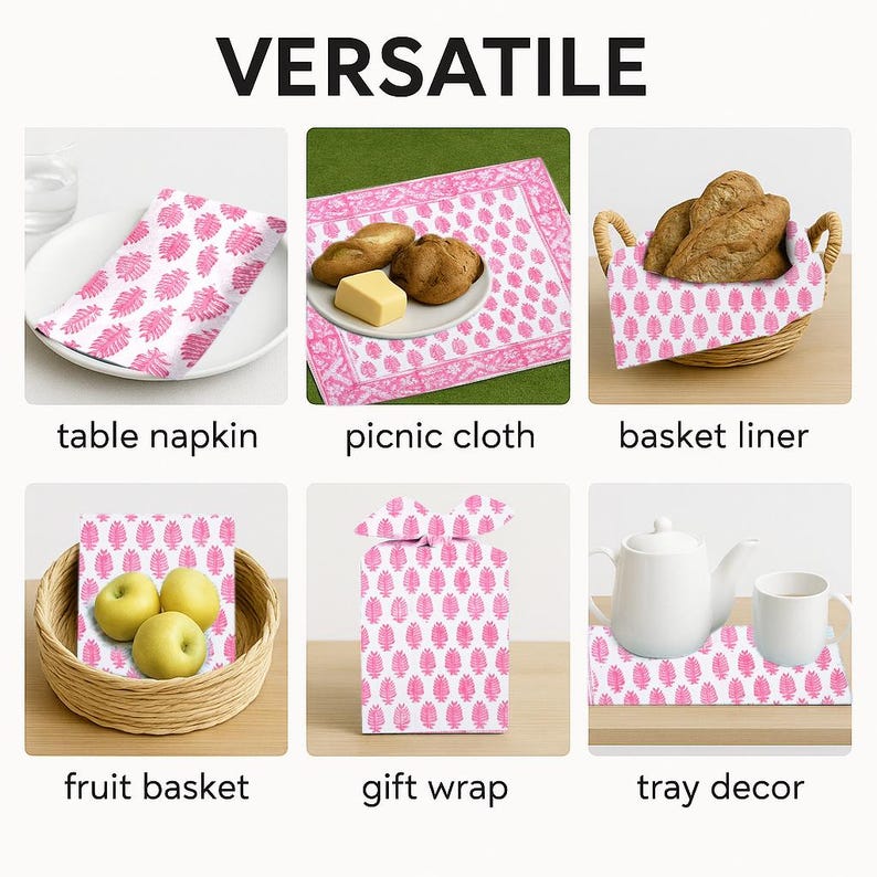 Taffy Pink Border Napkins, Hand-block Printed Cotton Cloth Floral ...