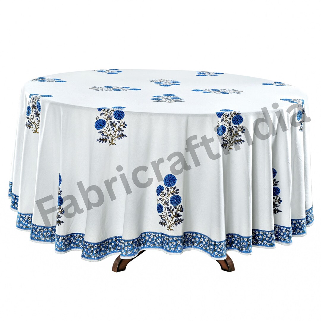 Round Tablecloth, Dodger Blue Indian Hand Block Floral Printed Cotton ...