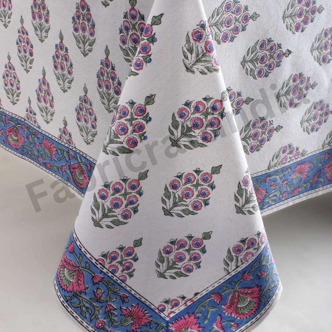 Ruddy Blue, Pink and Green Indian Hand Block Floral Printed Cotton ...