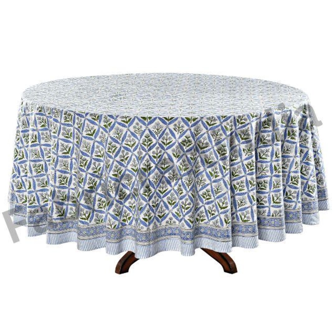 Light Steel Blue Block Printed Cotton Round Tablecloth, Washable ...