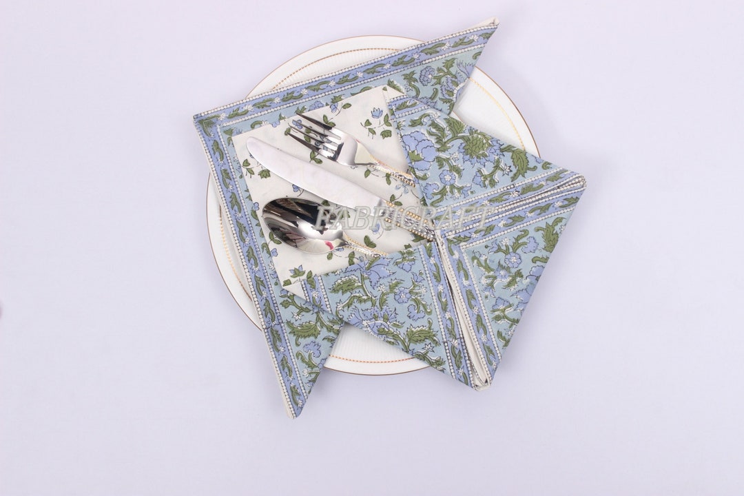 Border Napkins, Powder Blue and Green Indian Floral Hand Block Printed ...