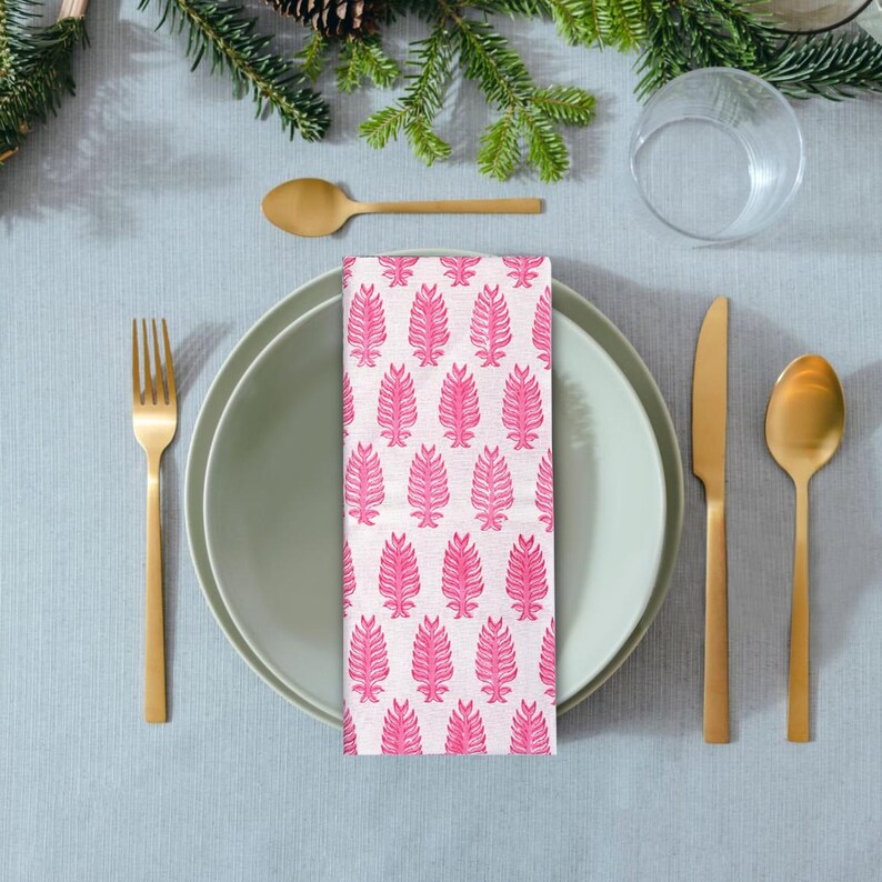 Taffy Pink Border Napkins, Hand-block Printed Cotton Cloth Floral ...