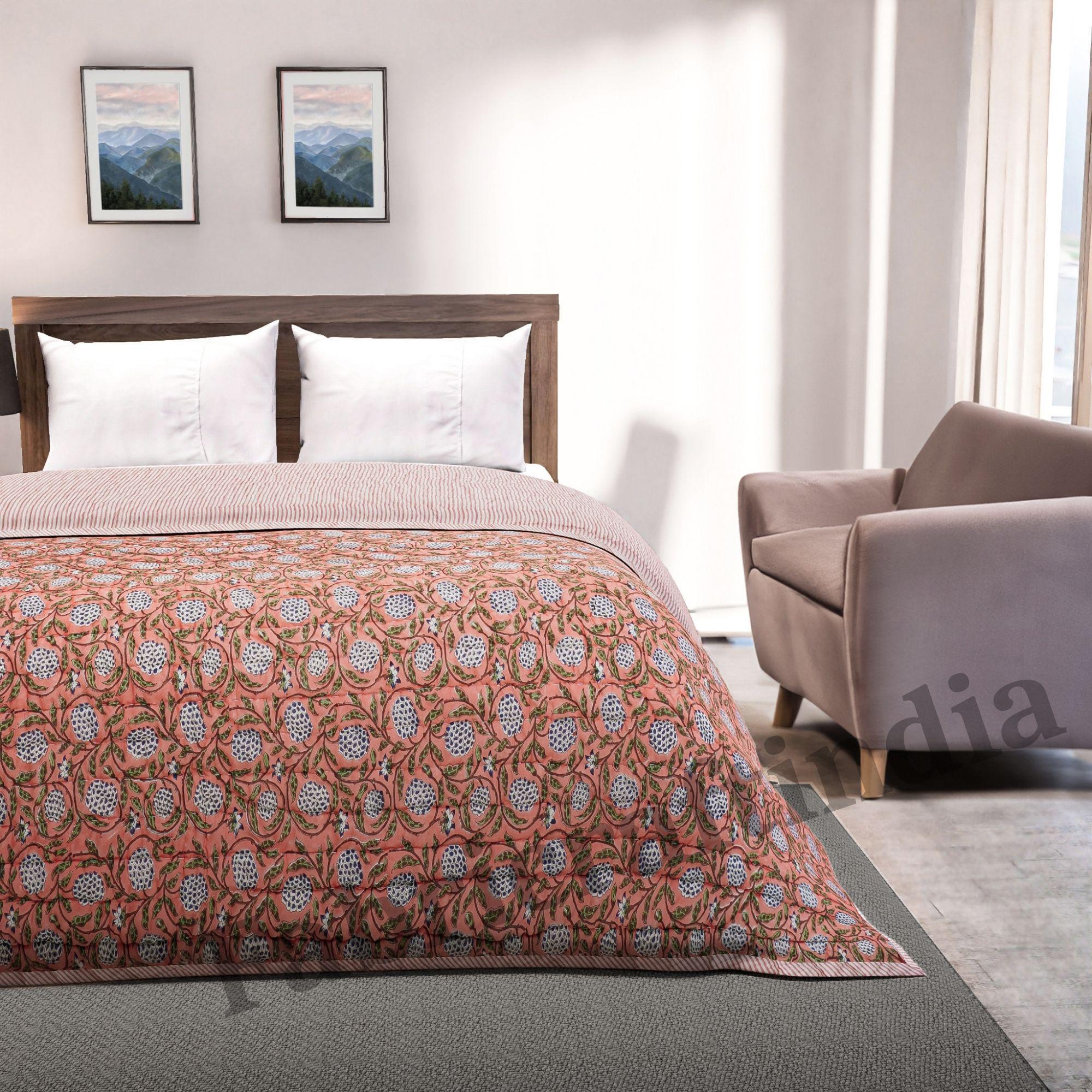 Dark Salmon Pink Comforter Quilt, Hand Block Printed Cotton Cloth ...