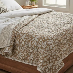 Oak Brown Comforter Quilt, Hand-block Printed 100% Pure Cotton Quilted ...