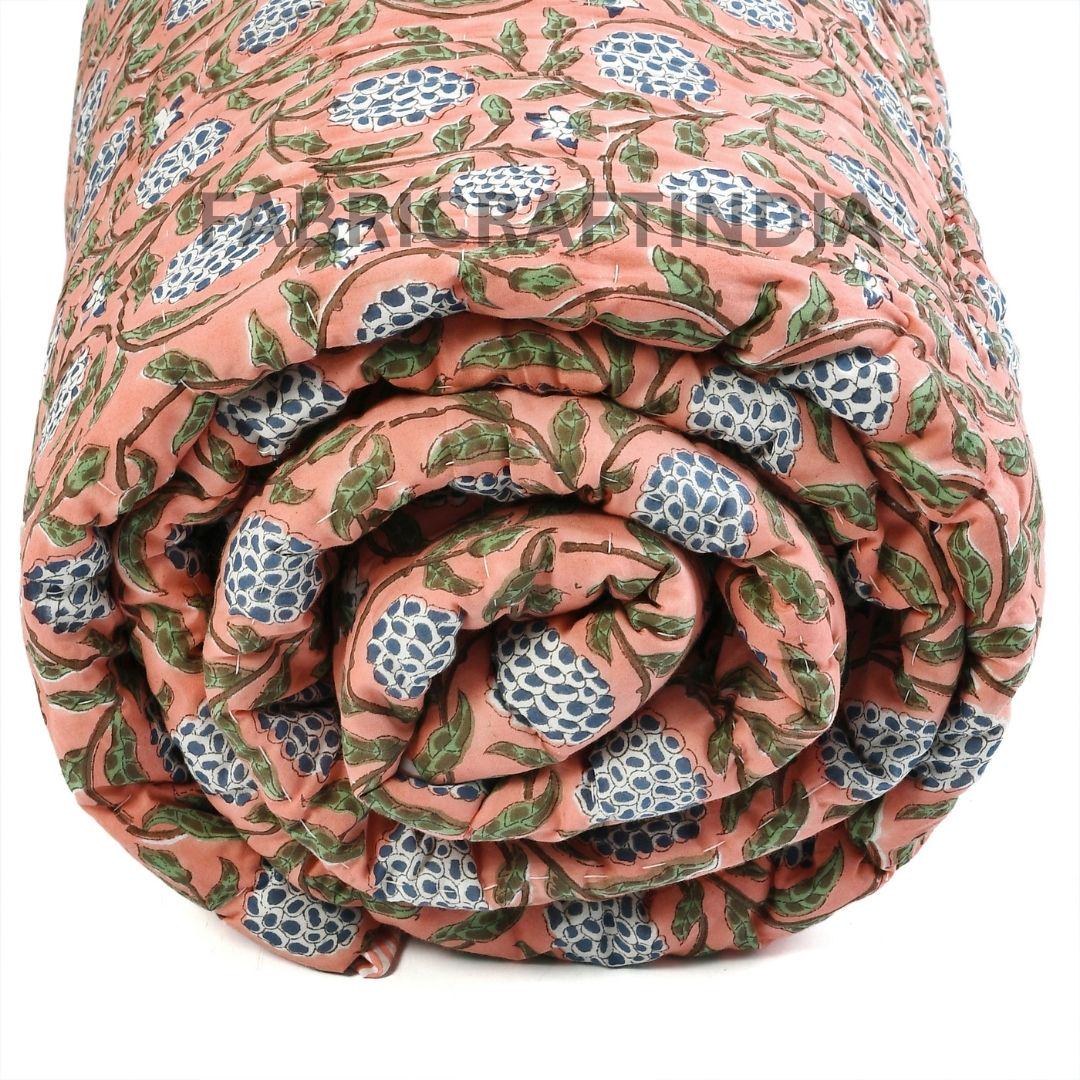 Dark Salmon Pink Comforter Quilt Hand Block Printed Pure Cotton Cloth ...