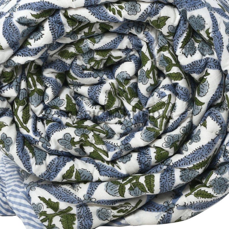 Light Steel Blue Comforter Quilt, Hand Block Printed 100% Pure Cotton ...