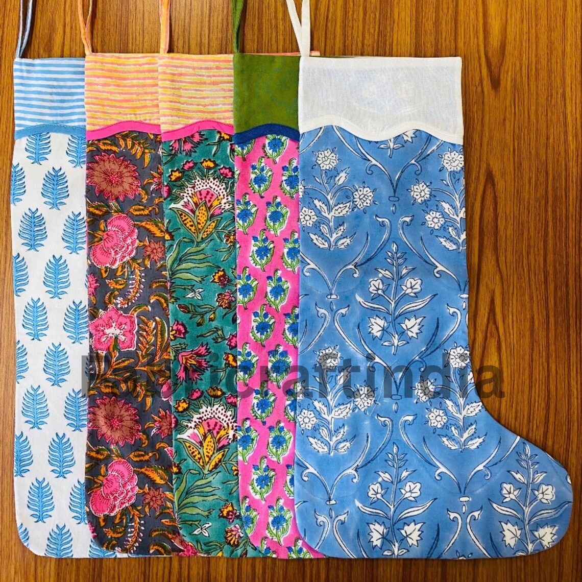 Mix Christmas Stockings, Hand Block Printed Cotton Floral Christmas ...