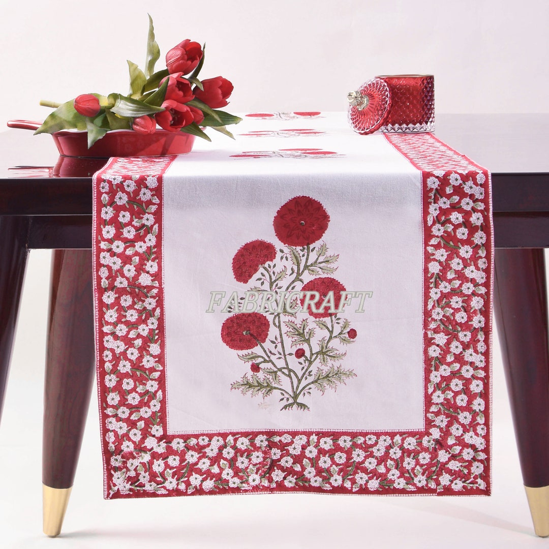 Table Runner, Falun Red Indian Hand Block Floral Printed 100% Cotton ...
