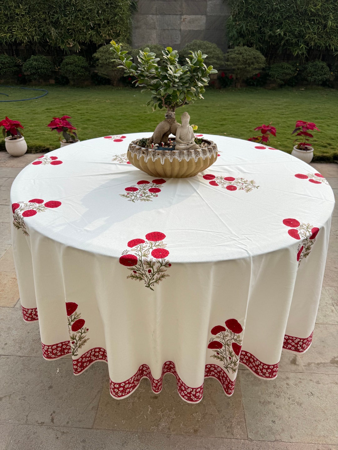 Round Tablecloth, Falun Red Indian Hand Block Floral Printed Table ...