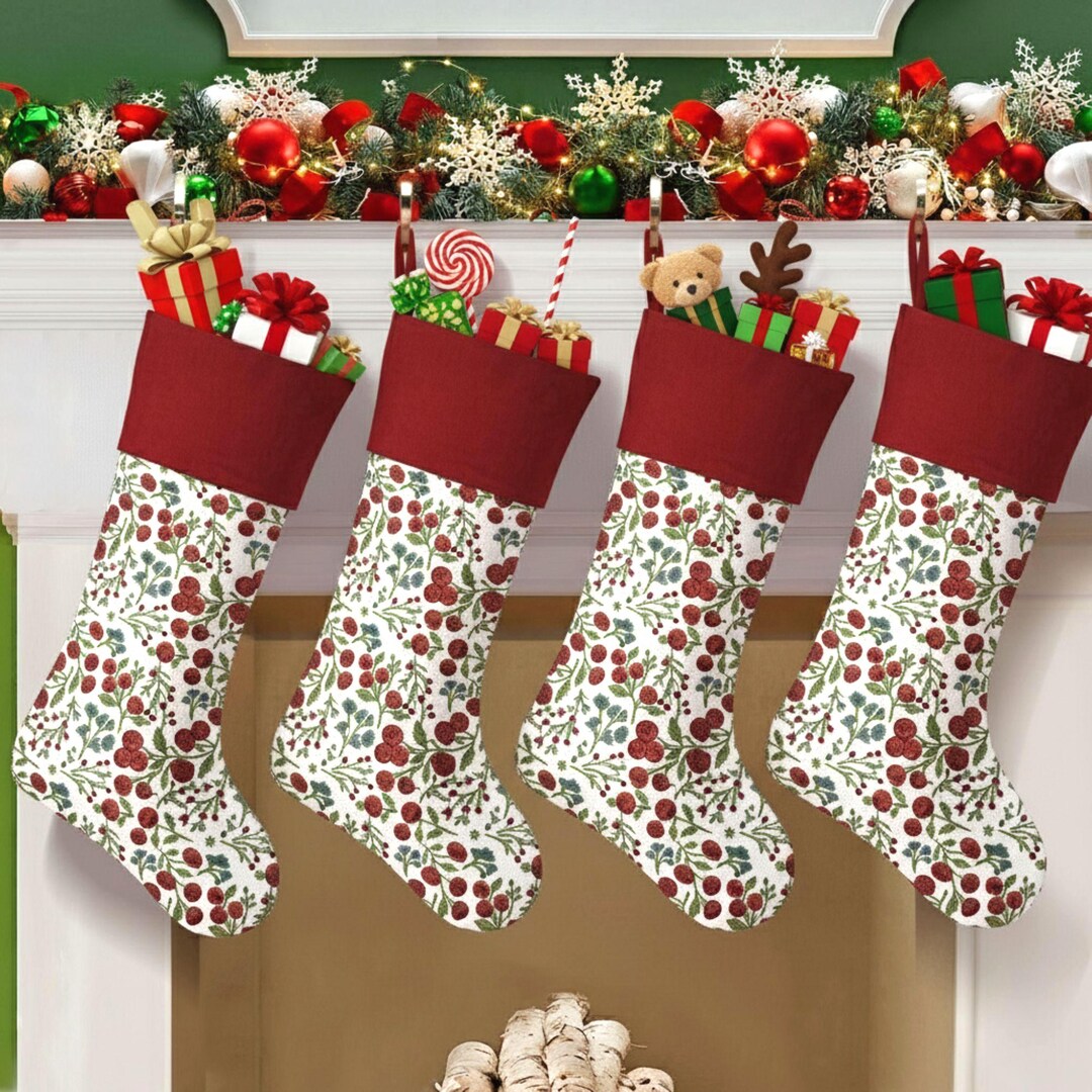 Red Garnet Hand Block Printed Christmas Stockings, Cotton Designer ...