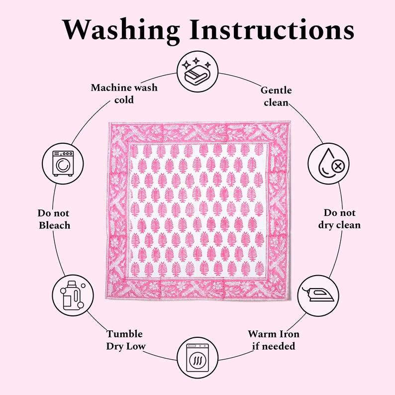 Taffy Pink Border Napkins, Hand-block Printed Cotton Cloth Floral ...
