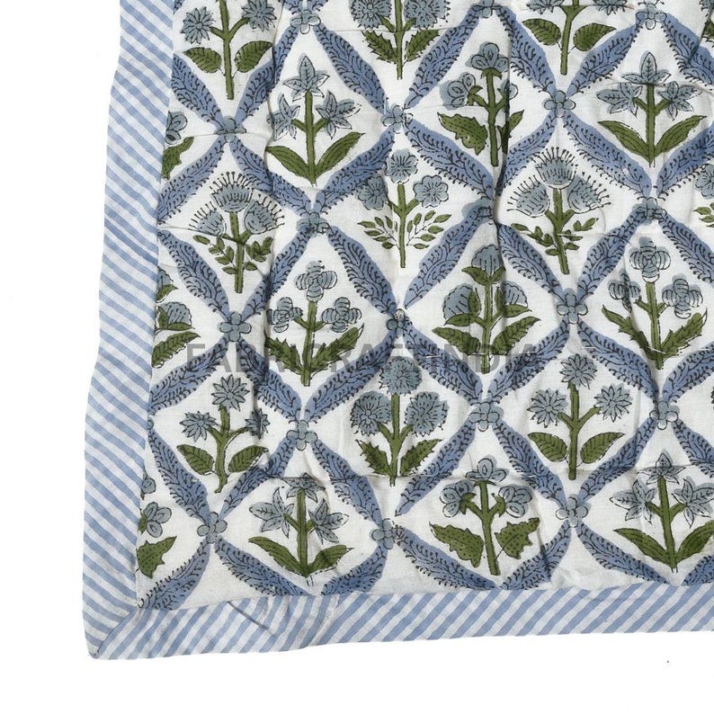 Light Steel Blue Comforter Quilt Hand Block Printed 100% Pure Cotton ...