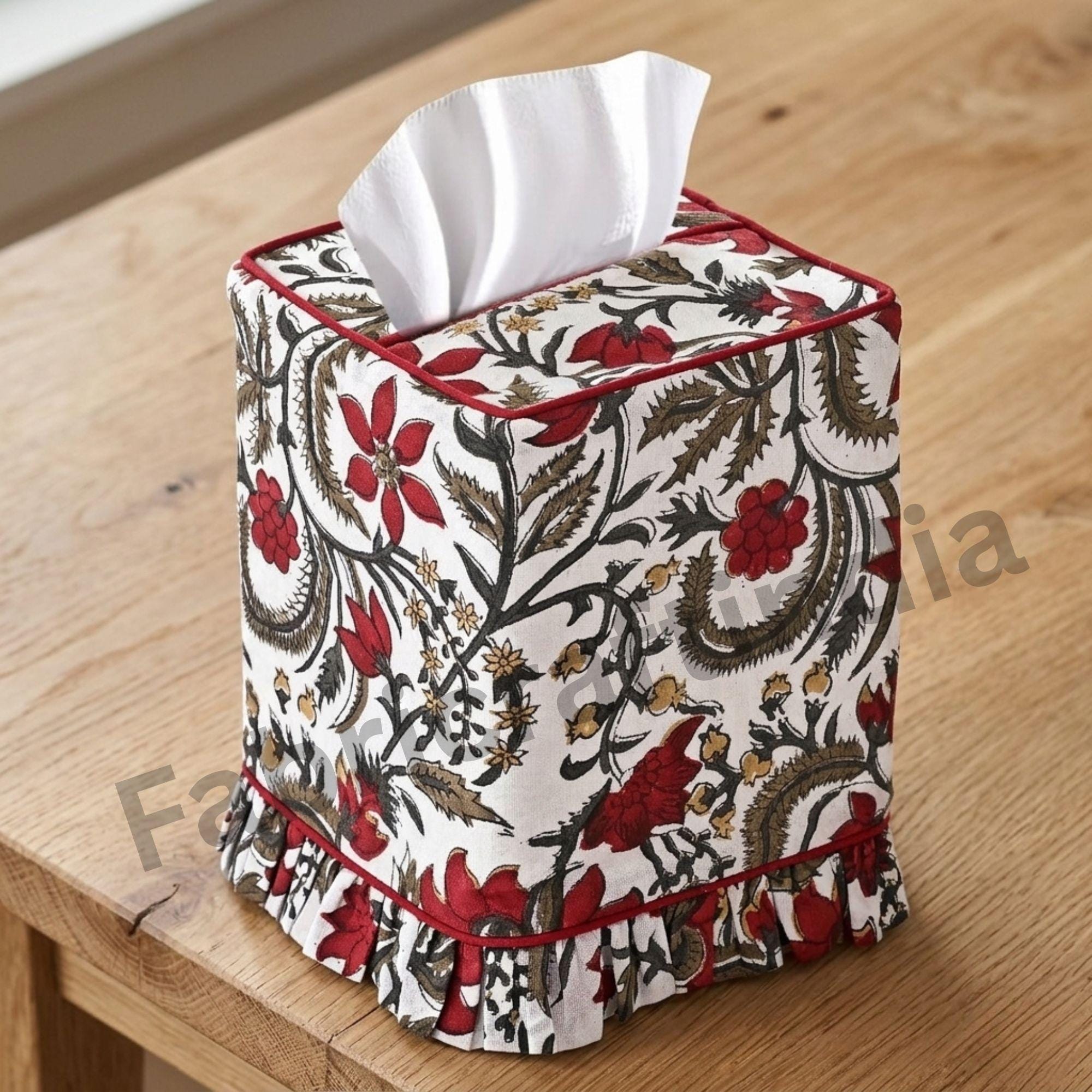 Floral Hand Block Printed Tissue Box Cover With Ruffle, Cotton ...