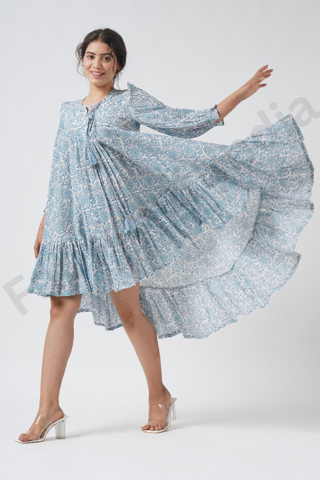 Dusty Blue Print Flare Dress for women Gift for Her, Woman, Girlfriend ...