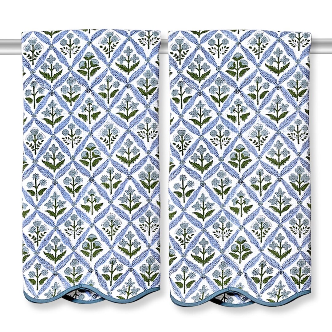 Hand Block Printed Cotton Bath Towel Set, Light Steel Blue Waffle Weave ...