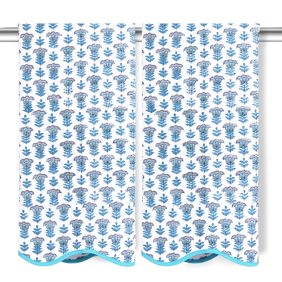 Hand Block Printed Cotton Bath Towel Set, Aquamarine Blue Waffle Weave ...