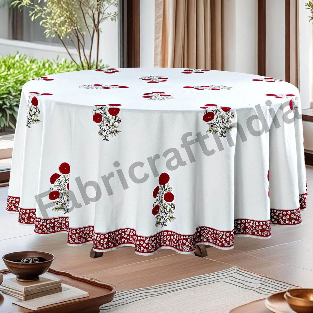 Round Tablecloth, Falun Red Indian Hand Block Floral Printed Table ...