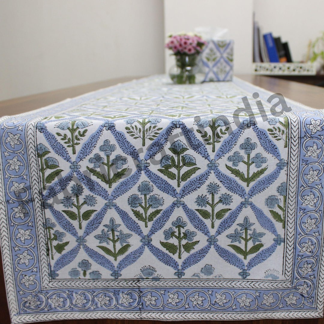 Light Steel Blue Table Runner, Floral Hand Block Printed Bohemian ...