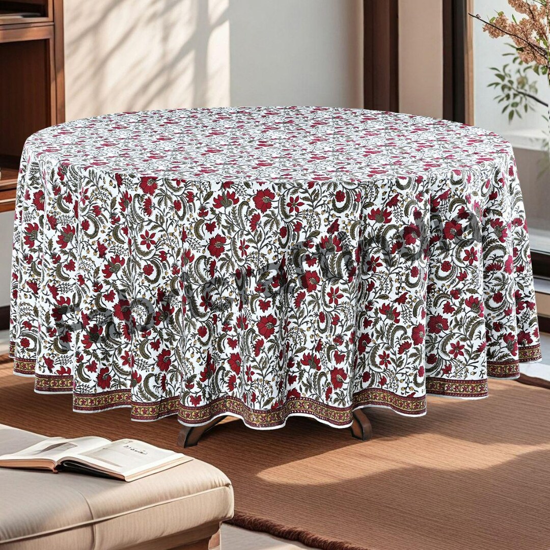 Prune Red Round Tablecloth, Floral Hand Block Printed Eco-friendly Home ...