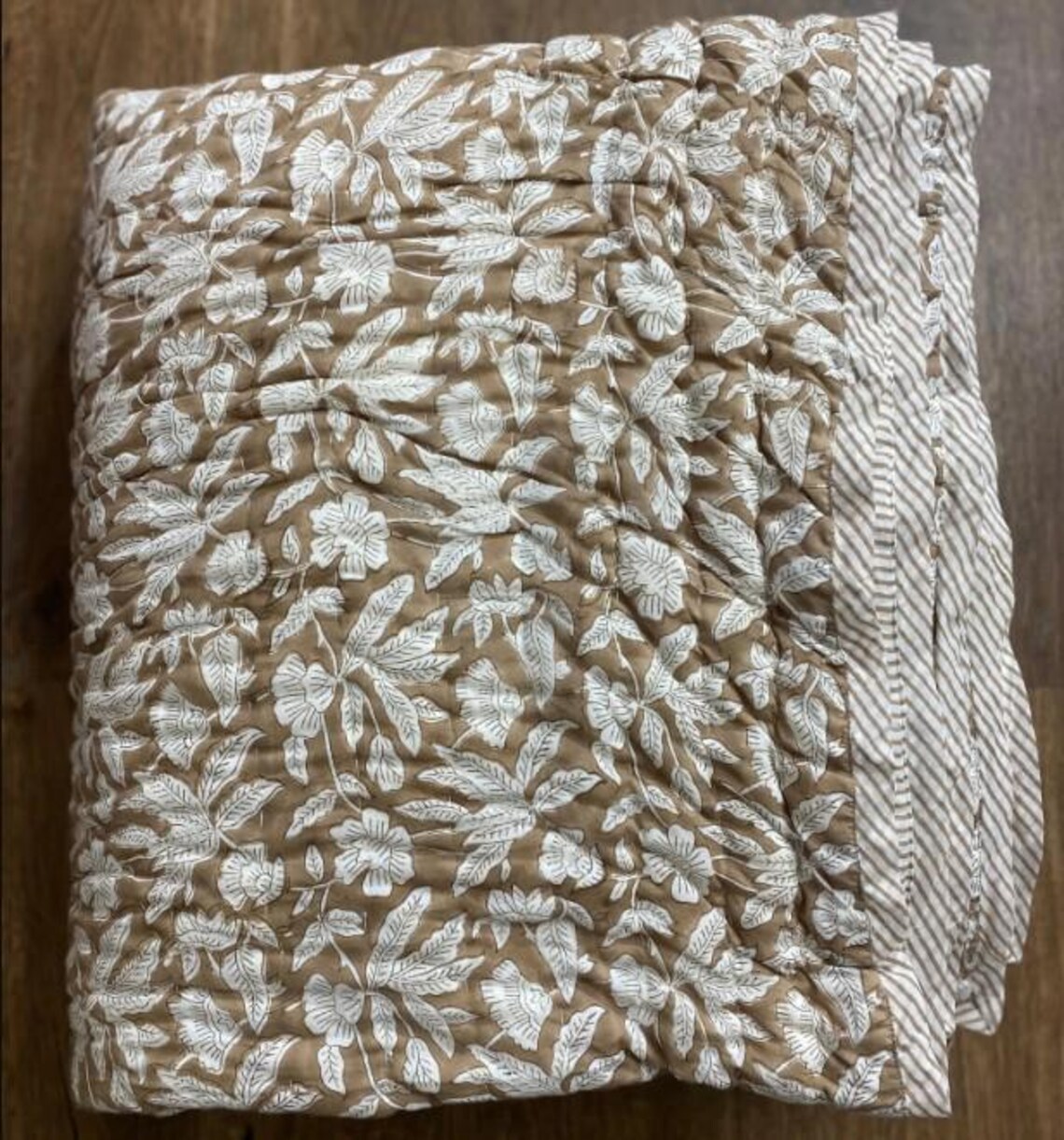 Oak Brown Comforter Quilt, Hand-block Printed 100% Pure Cotton Quilted ...