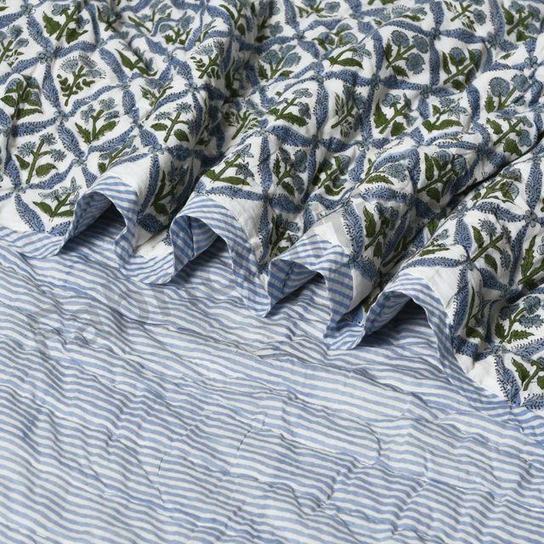 Light Steel Blue Comforter Quilt Hand Block Printed 100% Pure Cotton ...